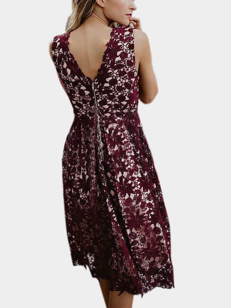 Wholesale Burgundy Sleeveless Lace Midi Dress | Small Scale Clothing ...