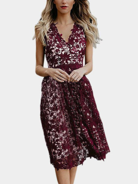Wholesale Burgundy Sleeveless Lace Midi Dress | Small Scale Clothing ...