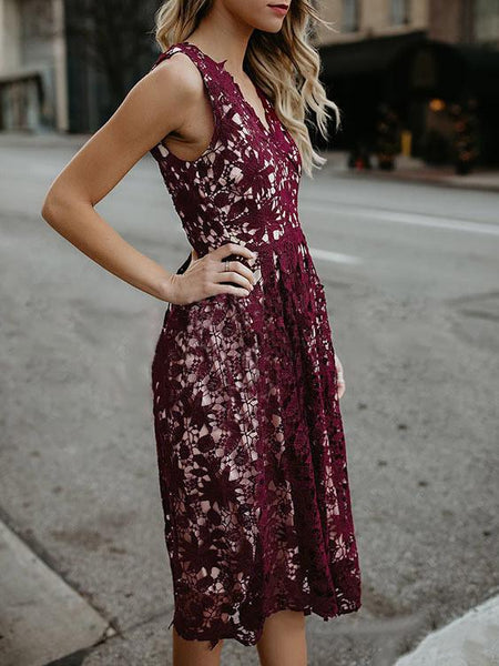 Wholesale Burgundy Sleeveless Lace Midi Dress | Small Scale Clothing ...
